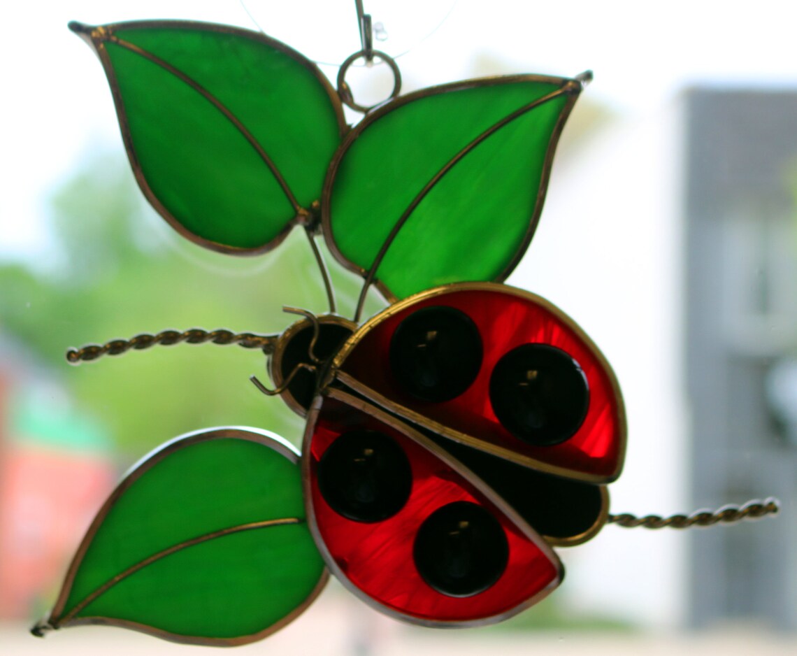 Stained Glass Ladybug Suncatcher on Branch With Leaves. Window | Etsy