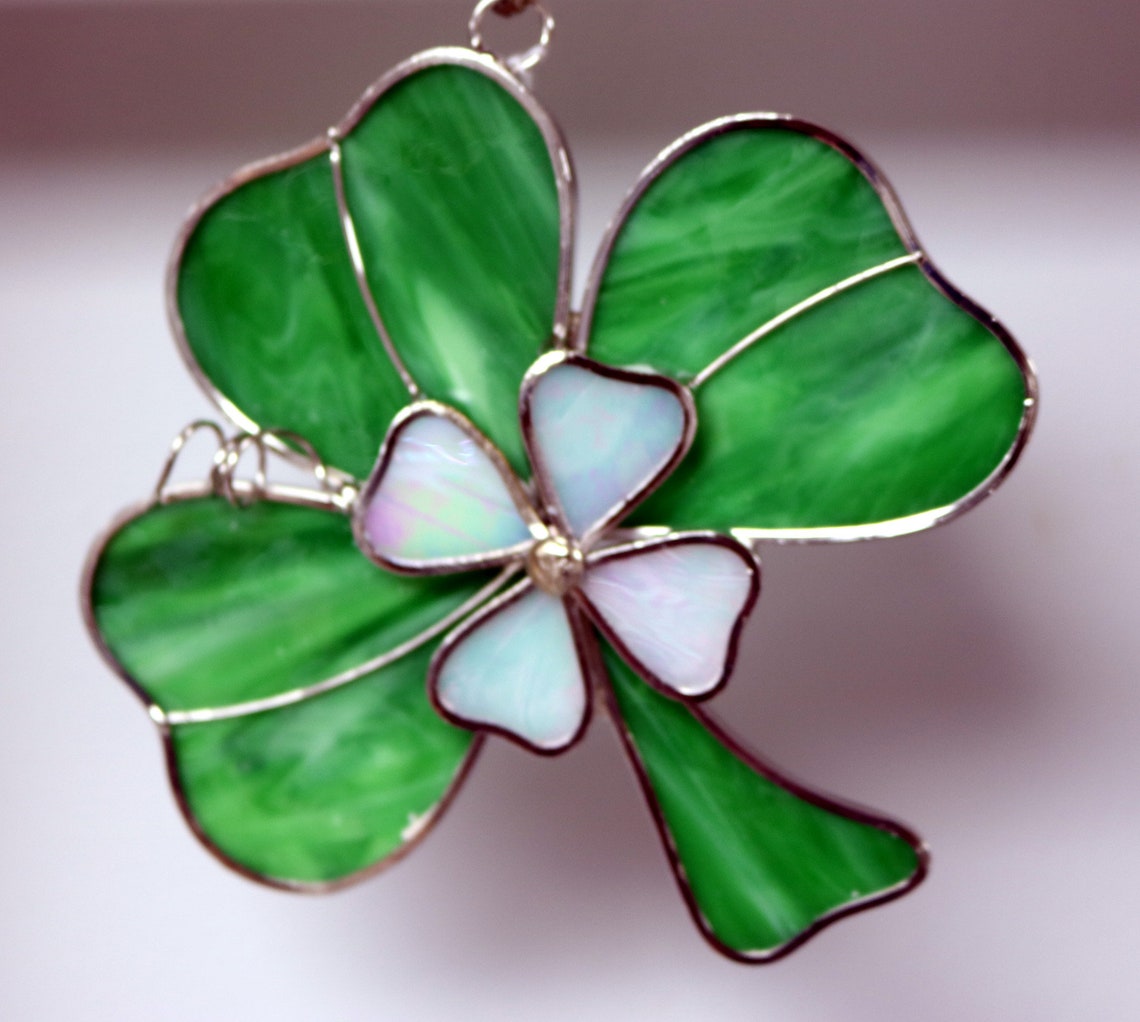 Stained Glass Shamrock With White Glass Flower. St. - Etsy