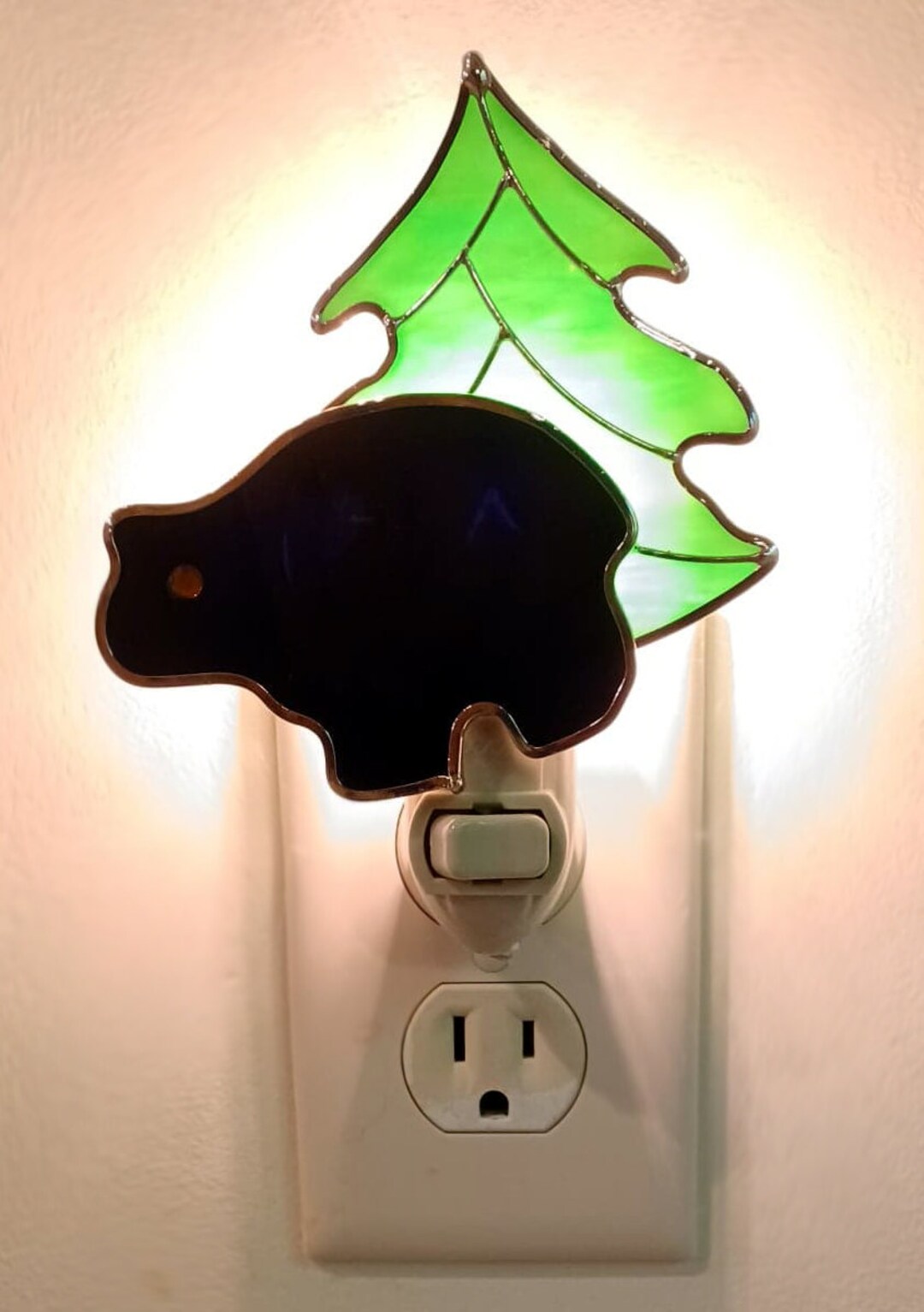 Nightlight With Bear and Tree Made With Genuine Stained Glass. Bedroom ...
