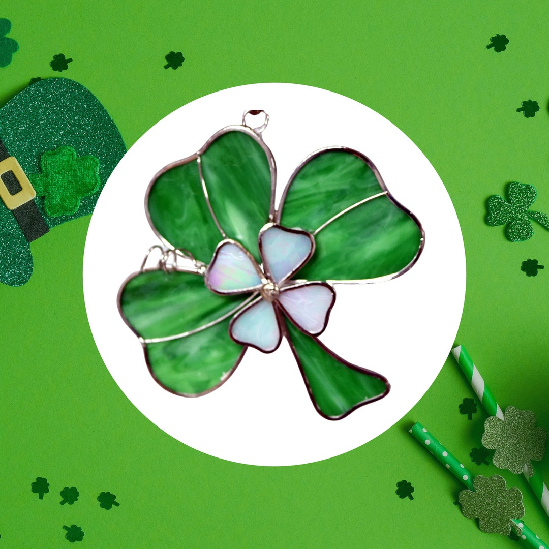 Stained Glass Shamrock With White Glass Flower. St. Patrick's Day Green ...