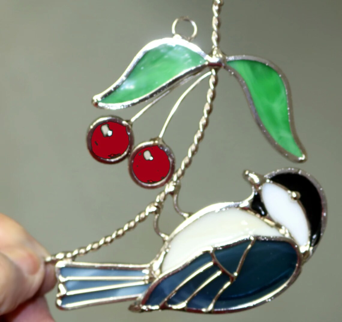 Stained Glass Chickadee Hanging on Branch With Cherries Suncatcher ...