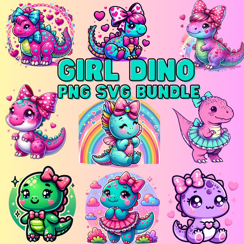 Girl Dinosaur PNG SVG Bundle Clipart for Girl Pink Dinosaur Birthday ...