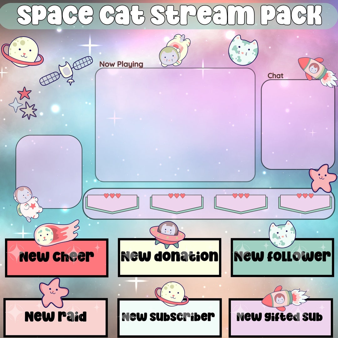 Space Cat Stream Overlay, Kitty Twitch Overlay Bundle, Cute Cat Stream ...