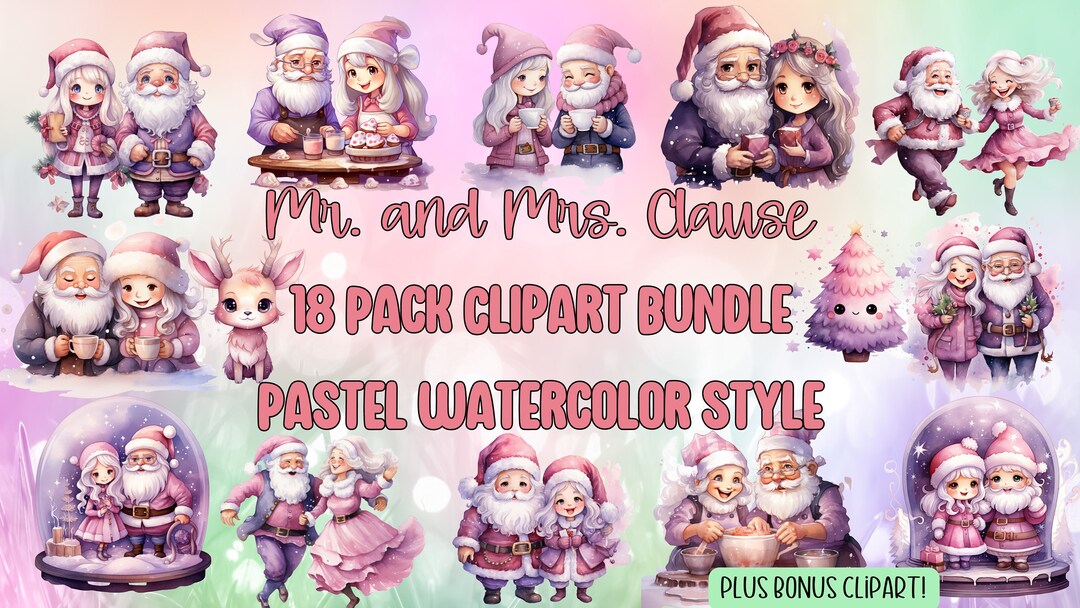 Santa and Mrs Claus Clipart, Watercolor Santa PNG, Retro Santa Clipart ...