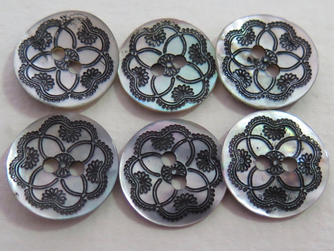 6 Dyed Black Etched MOP Buttons - Geometric Design 9/16"- New Old Stock ...