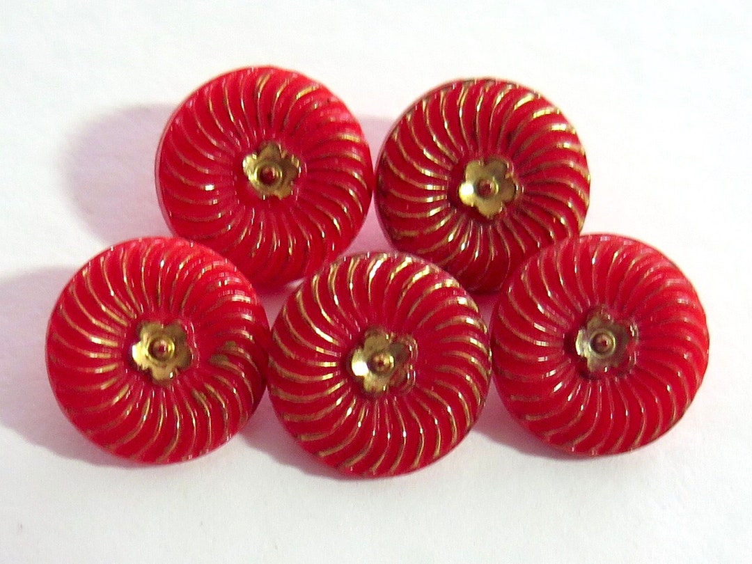 Set - 1/2" Vintage Red Glass Buttons With Gold Lustre, Tiny Flower ...
