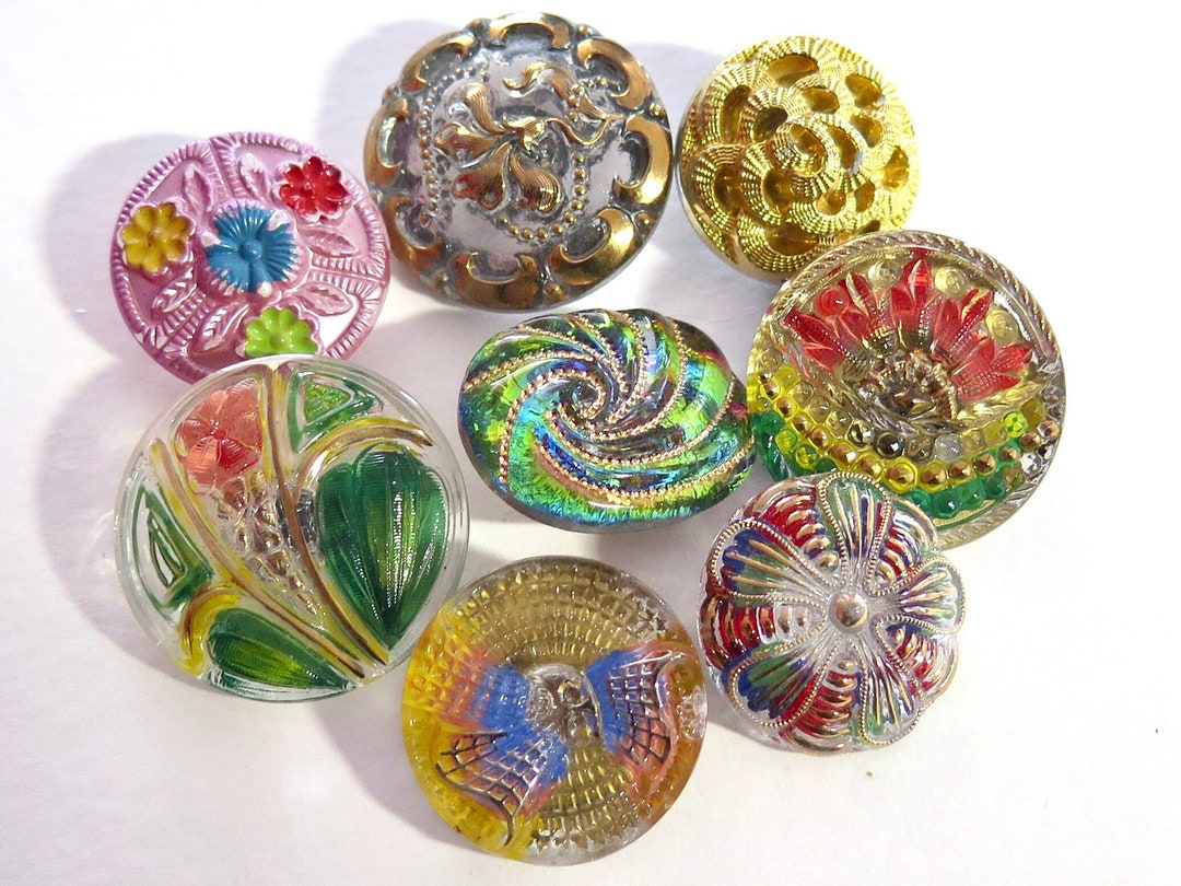 Vintage Clear Glass Buttons - Lacy Design With Bright Colours & Gold - Etsy