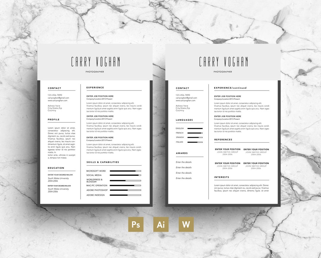 Professional Resume Template - CV Instant Download 2 Pages With ...