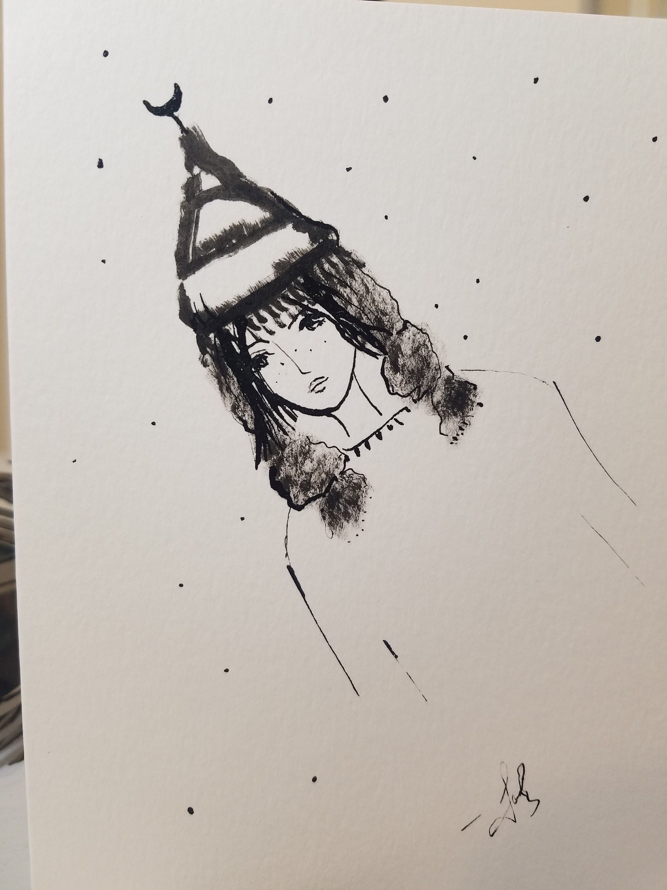 Original Ink Drawing of a Girl Wearing a Hat With a Moon - Etsy