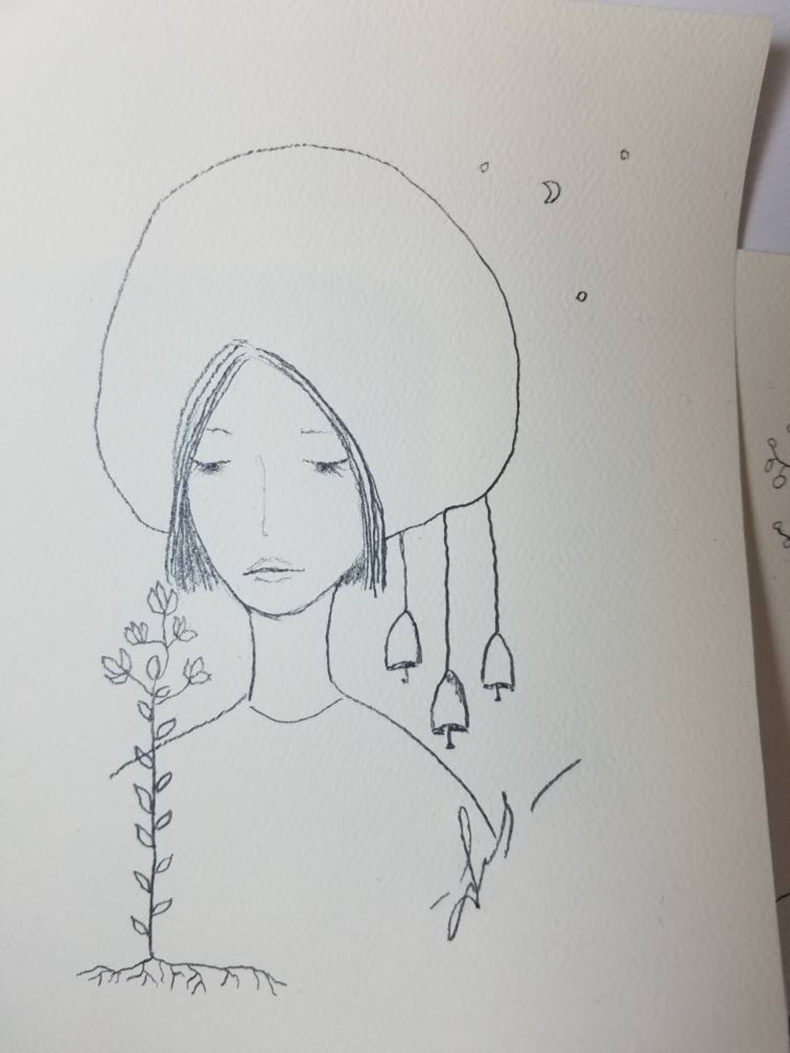 Simple Pencil Drawing on Paper of a Melancholy Girl in a Large Strange ...