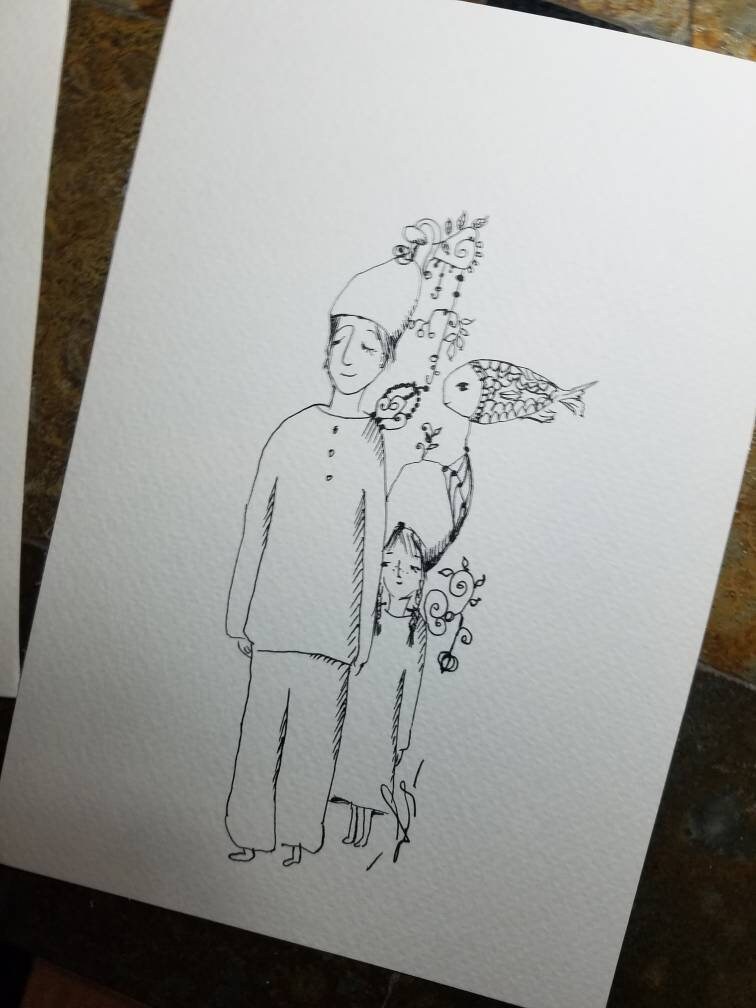Brother Sister Art! Original Ink Pen Drawing on Watercolor Paper. This ...