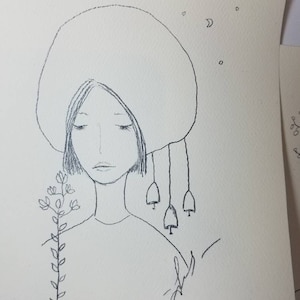 Simple Pencil Drawing on Paper of a Melancholy Girl in a Large Strange ...