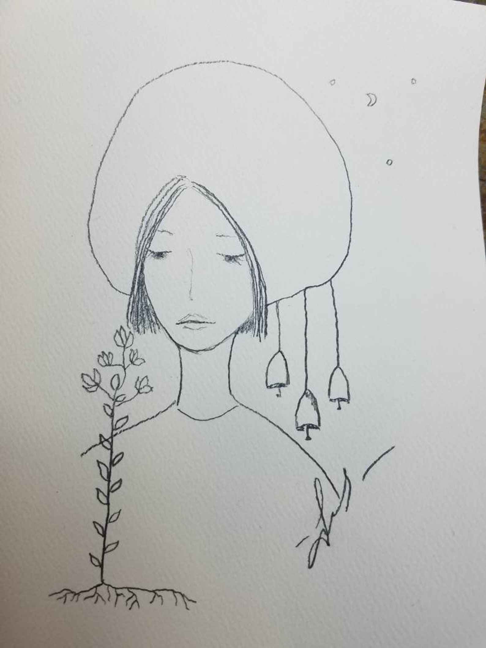 Simple Pencil Drawing on Paper of a Melancholy Girl in a Large Strange ...