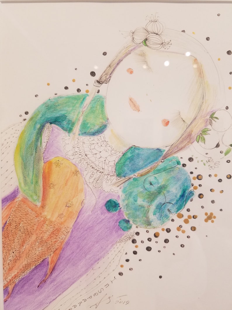 Girl, Cat, Fish Original, Unframed Drawing on Paper. the Title is ...