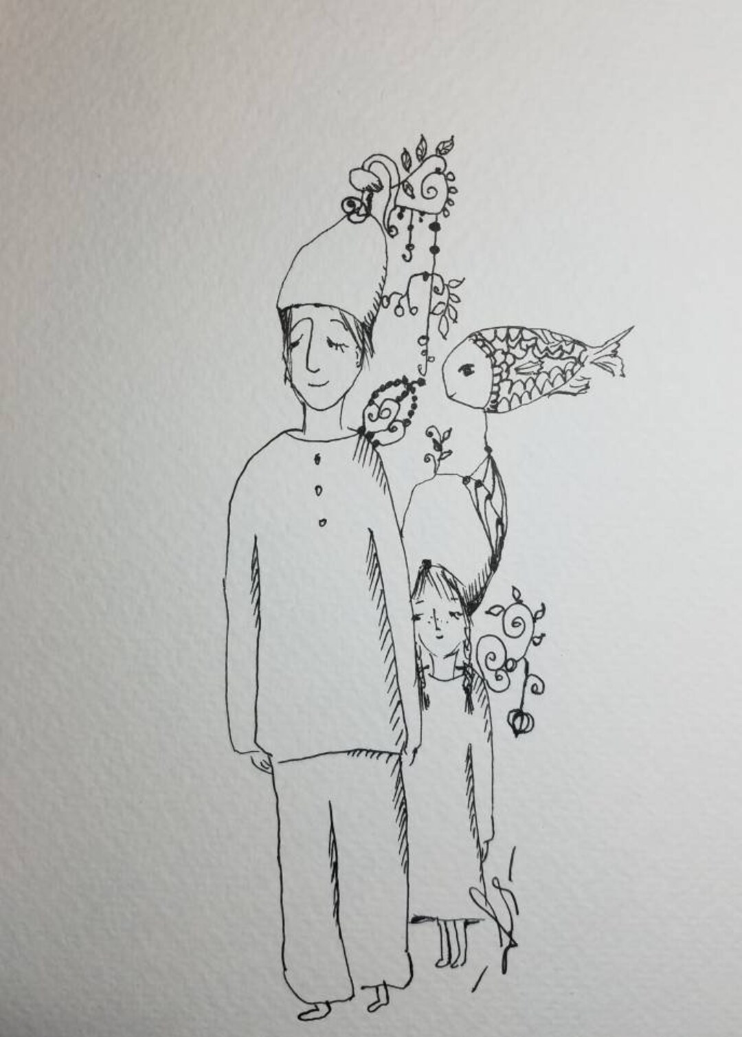 Brother Sister Art! Original Ink Pen Drawing on Watercolor Paper. This ...