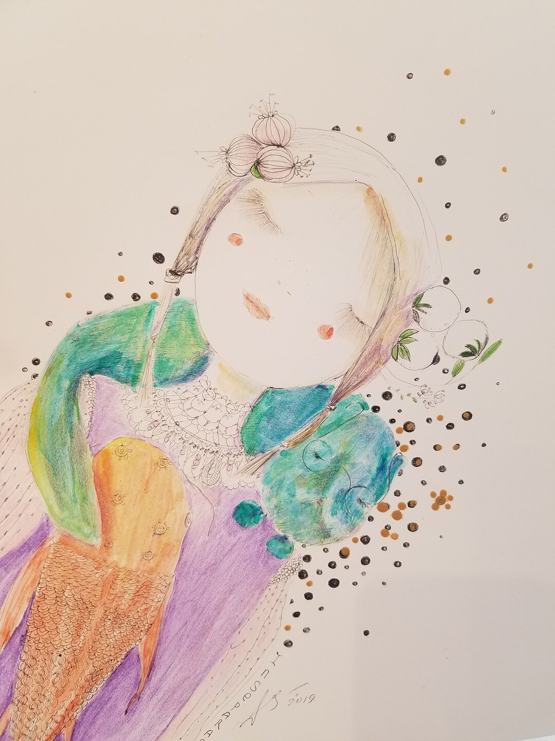 Girl, Cat, Fish Original, Unframed Drawing on Paper. the Title is ...