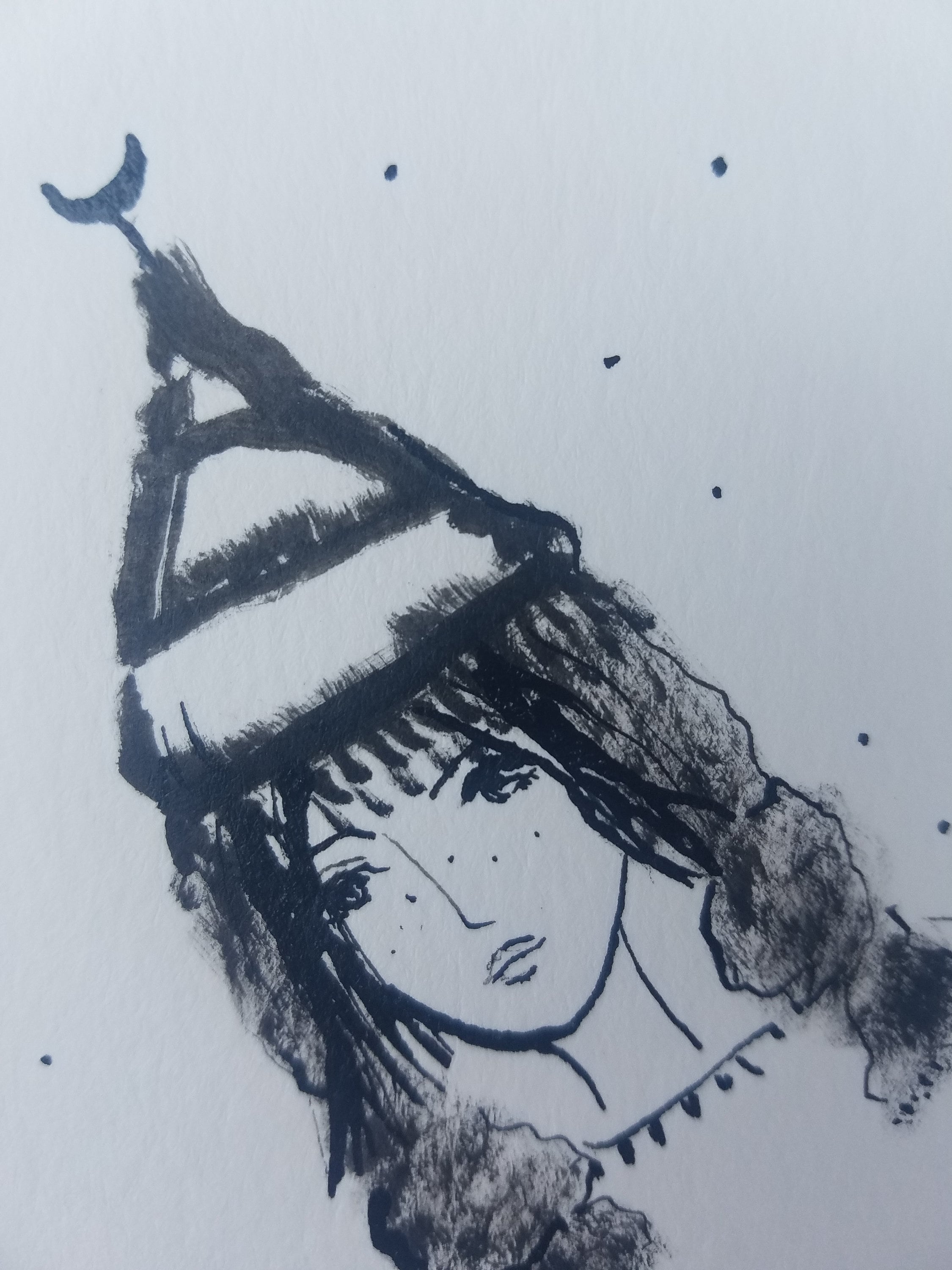 Original Ink Drawing of a Girl Wearing a Hat With a Moon - Etsy