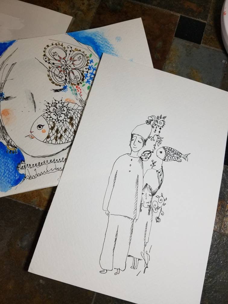 Brother Sister Art! Original Ink Pen Drawing on Watercolor Paper. This ...
