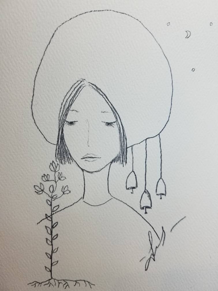 Simple Pencil Drawing on Paper of a Melancholy Girl in a Large Strange Hat With Bells Attached to It a Plant With the Roots and a Moon. Etsy