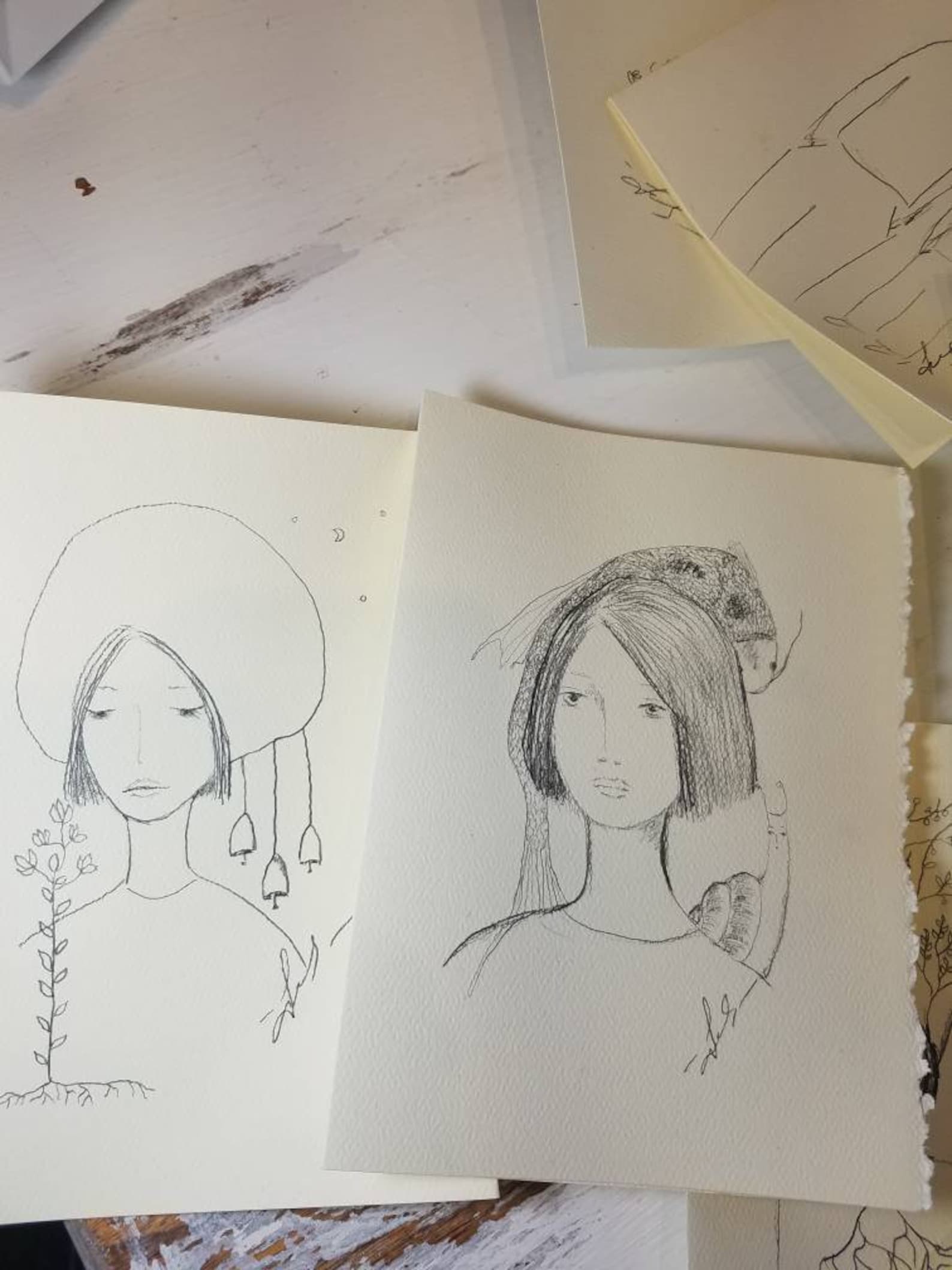 Simple Pencil Drawing on Paper of a Melancholy Girl in a Large Strange ...