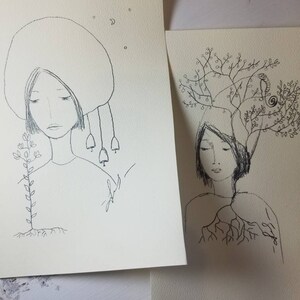Simple Pencil Drawing on Paper of a Melancholy Girl in a Large Strange ...