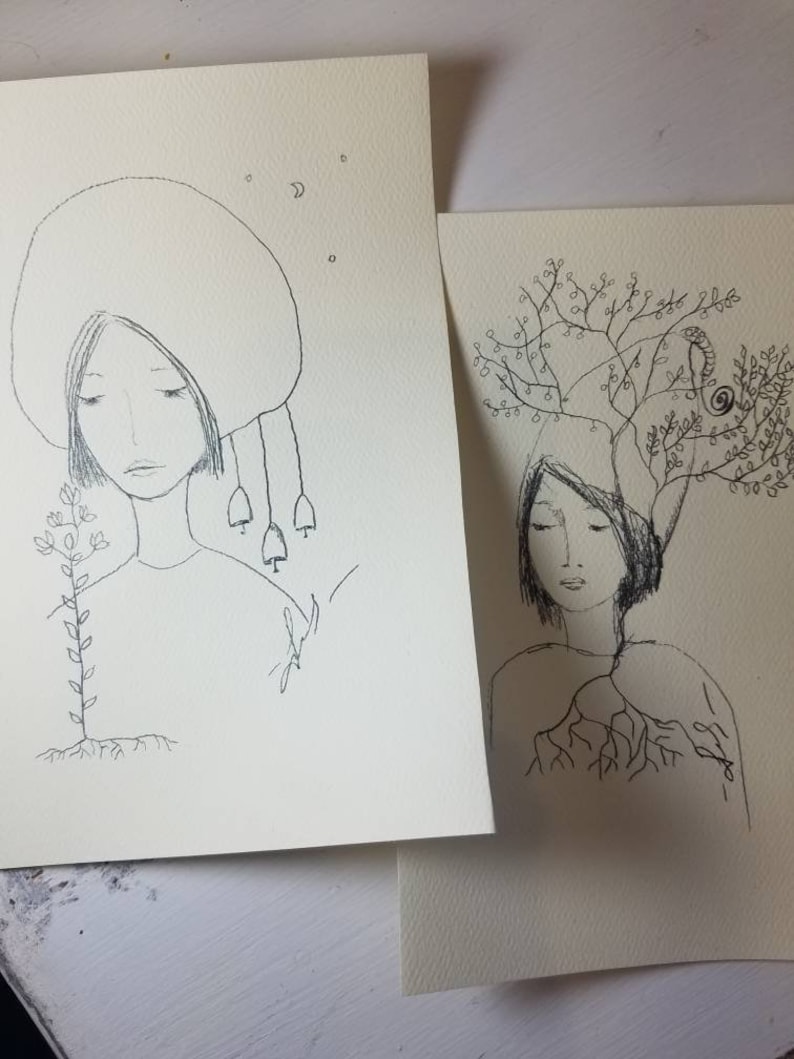 Simple Pencil Drawing on Paper of a Melancholy Girl in a Large Strange ...