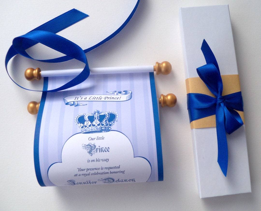 Royal Prince Baby Shower Scroll Invitation Blue and Gold - Etsy