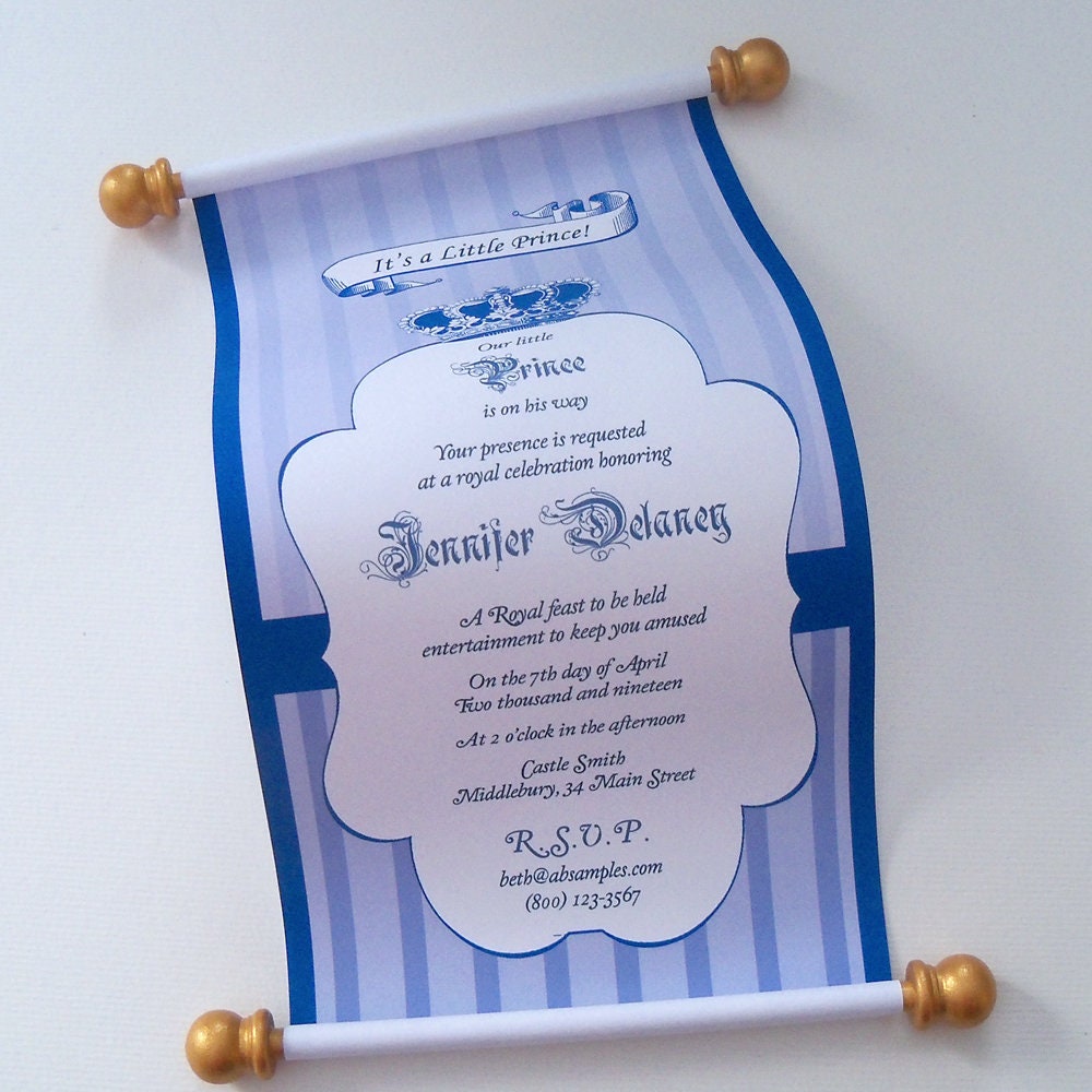 Royal Prince Baby Shower Scroll Invitation Blue and Gold - Etsy
