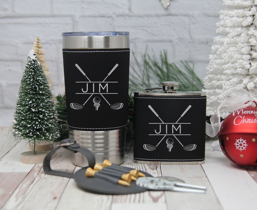 Golf Tumbler and Flask Gift Set, Personalized Leatherette Drinkware ...
