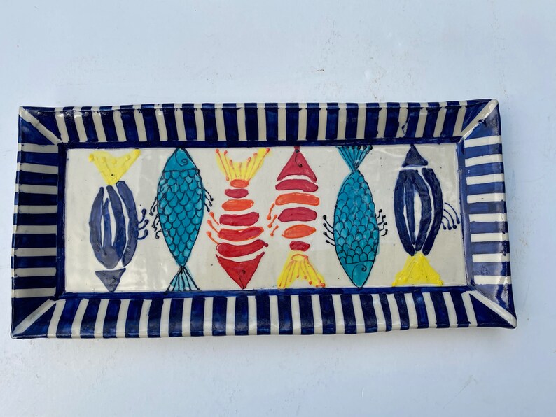 Platter ceramic rectangle pottery with Whimsical Fish Hand | Etsy