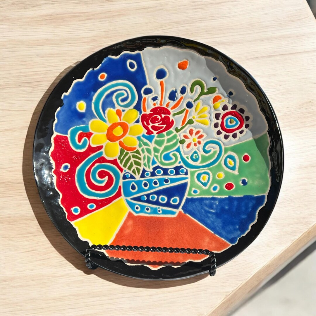 Round Ceramic Platter, Serving Dish, Cuerda Seca Tray, Fruit Bowl ...