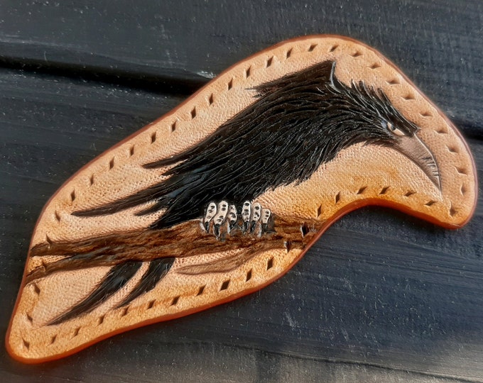 Leather Raven Patch, Crow, Custom Leather Biker Patch, Clothing Patch, Hand Tooled Carved ...