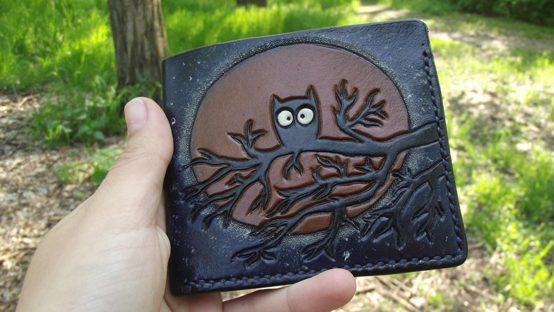 Carved leather wallet Owl Moon Short biker wallets Shadow | Etsy