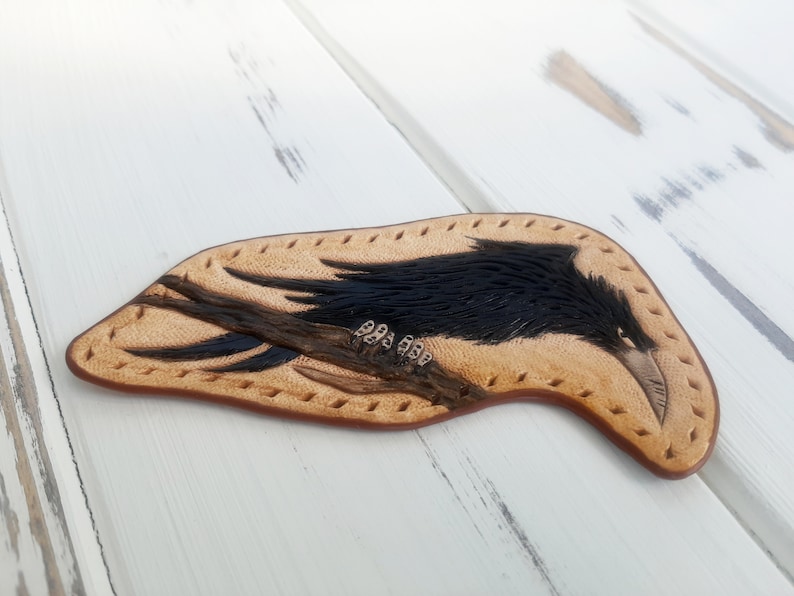 Leather Raven Patch, Crow, Custom Leather Biker Patch, Clothing Patch ...
