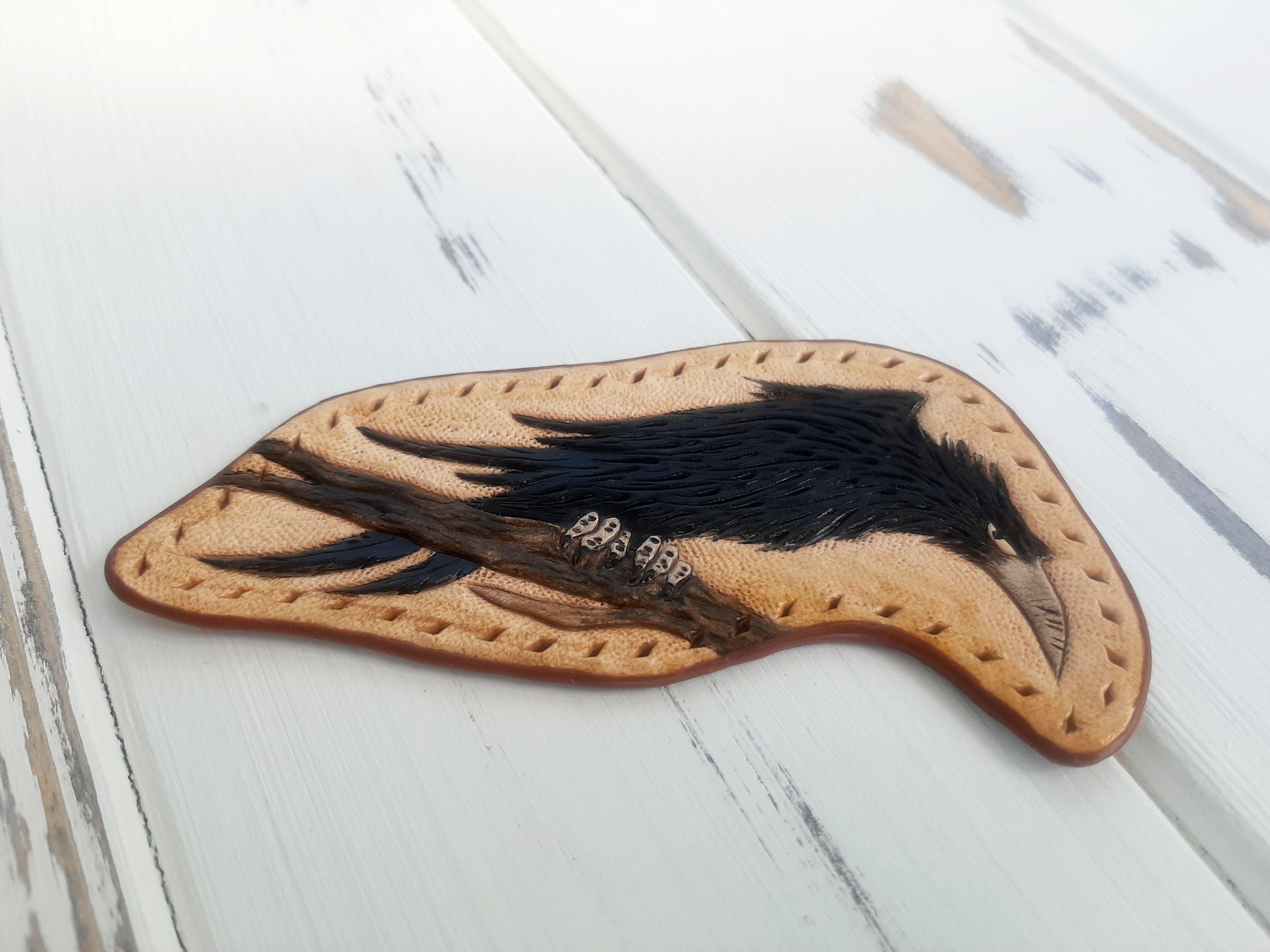 Leather Raven Patch, Crow, Custom Leather Biker Patch, Clothing Patch ...