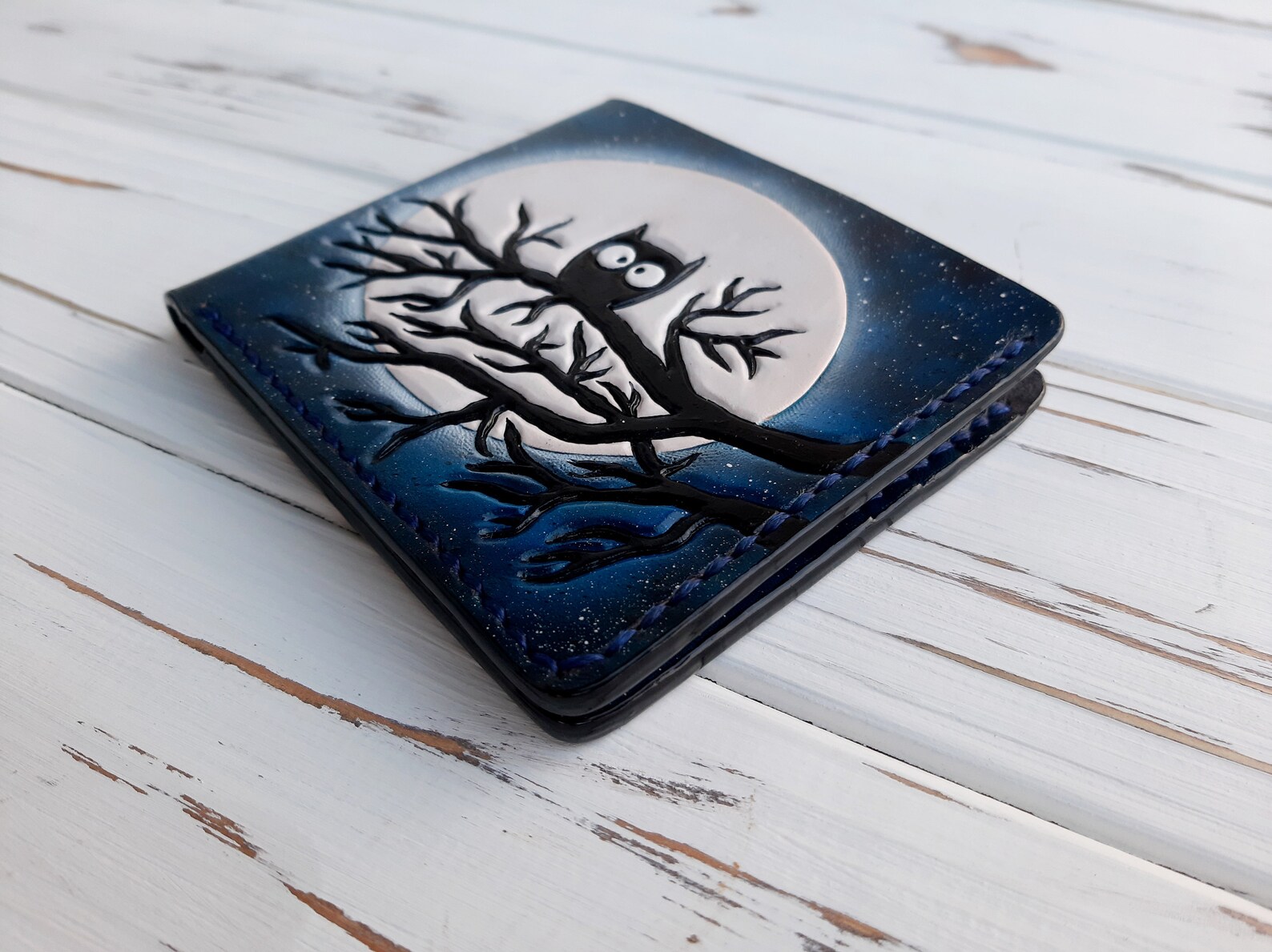 Carved Leather Wallet Owl Moon Short Biker Wallets Shadow | Etsy