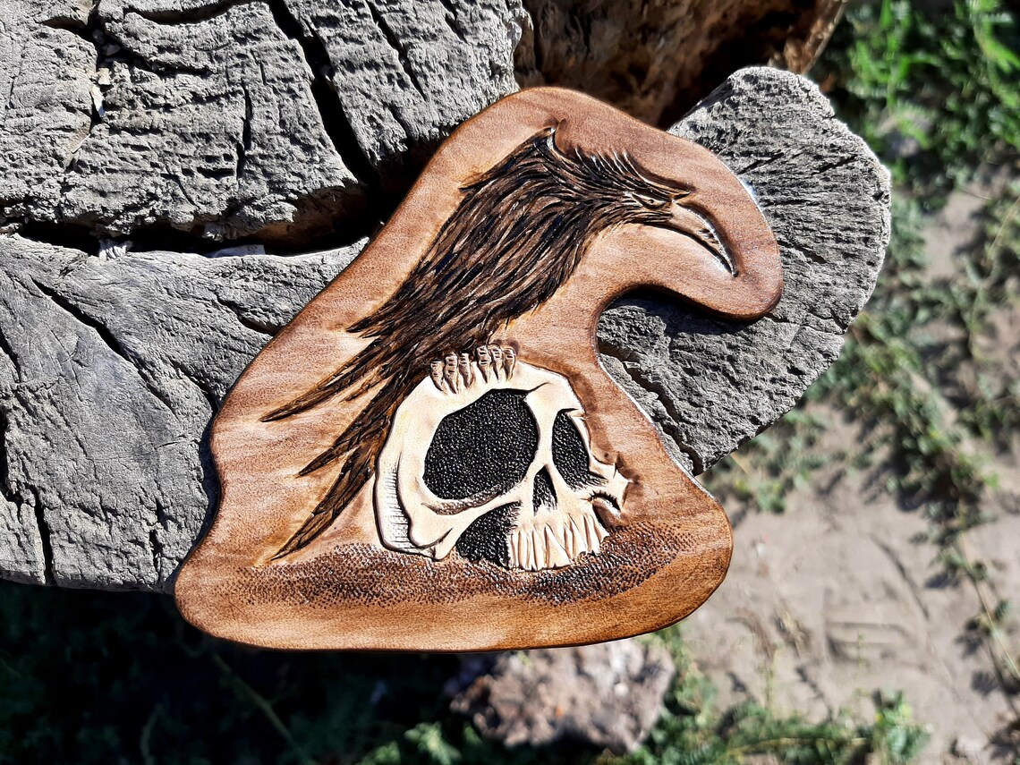 Leather Skull and Raven Patch Crow Carved Leather Biker - Etsy