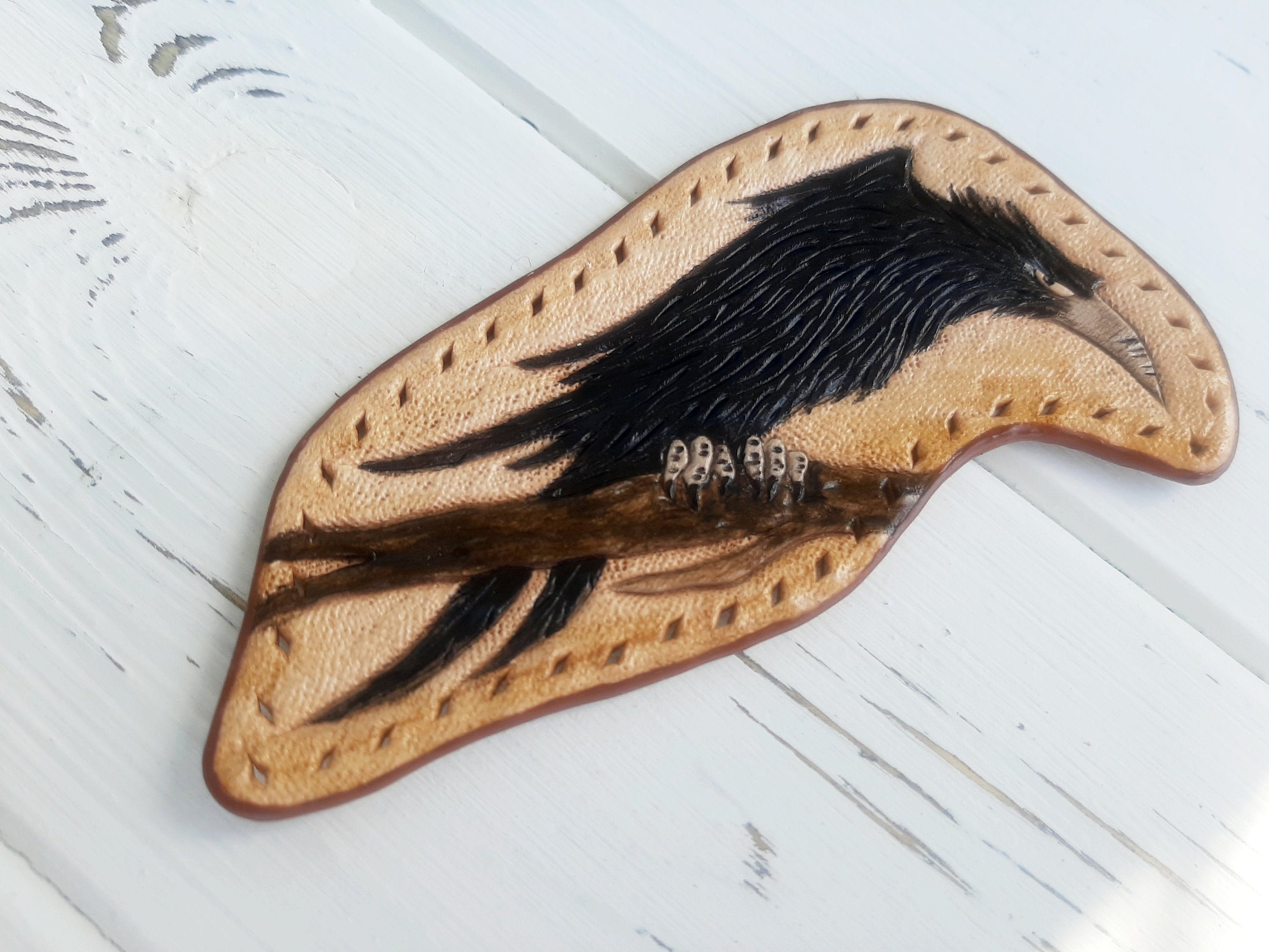Leather Raven Patch, Crow, Custom Leather Biker Patch, Clothing Patch ...