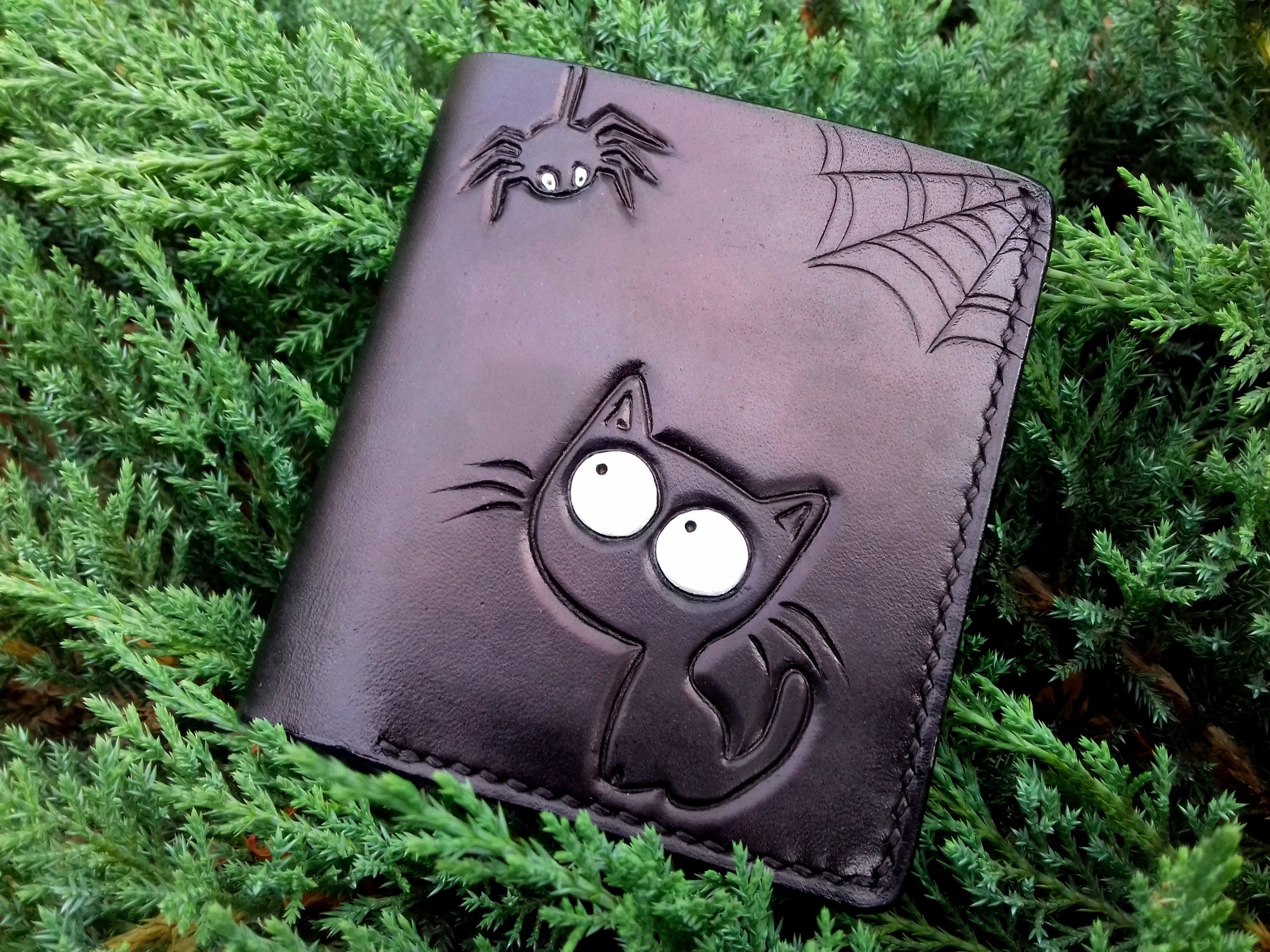Cat leather wallet Cat and Spider Travel document Slim | Etsy