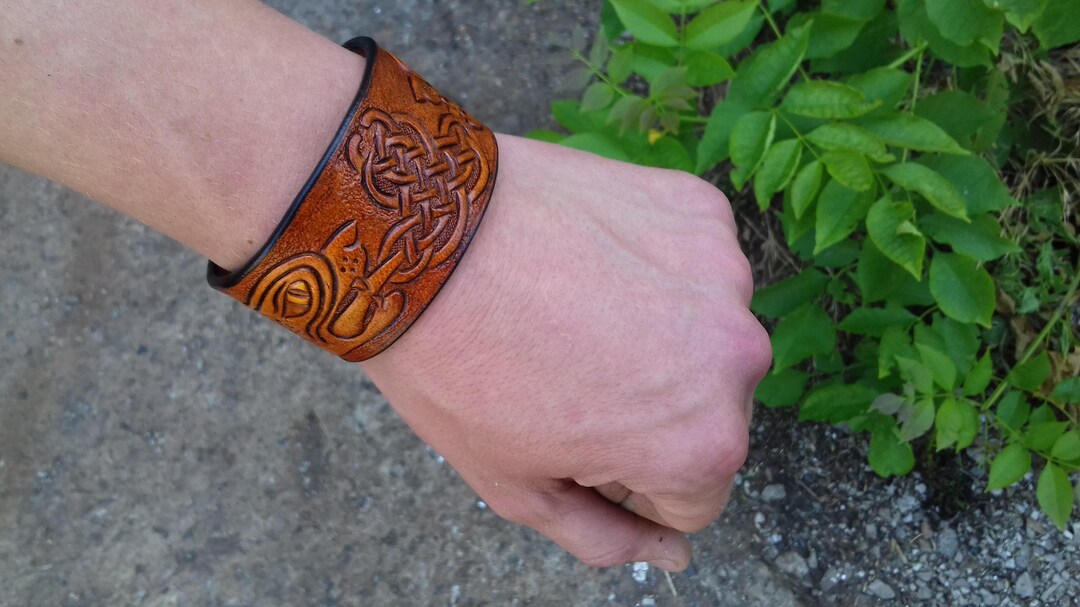 Viking Bracelet Leather, Celtic Dog Head, Celtic Leather Bracelet ...