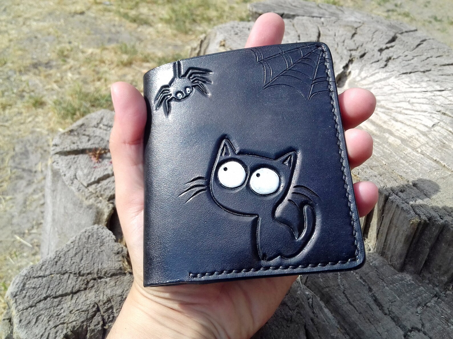 Cat Leather Wallet Cat and Spider Travel Document Slim - Etsy