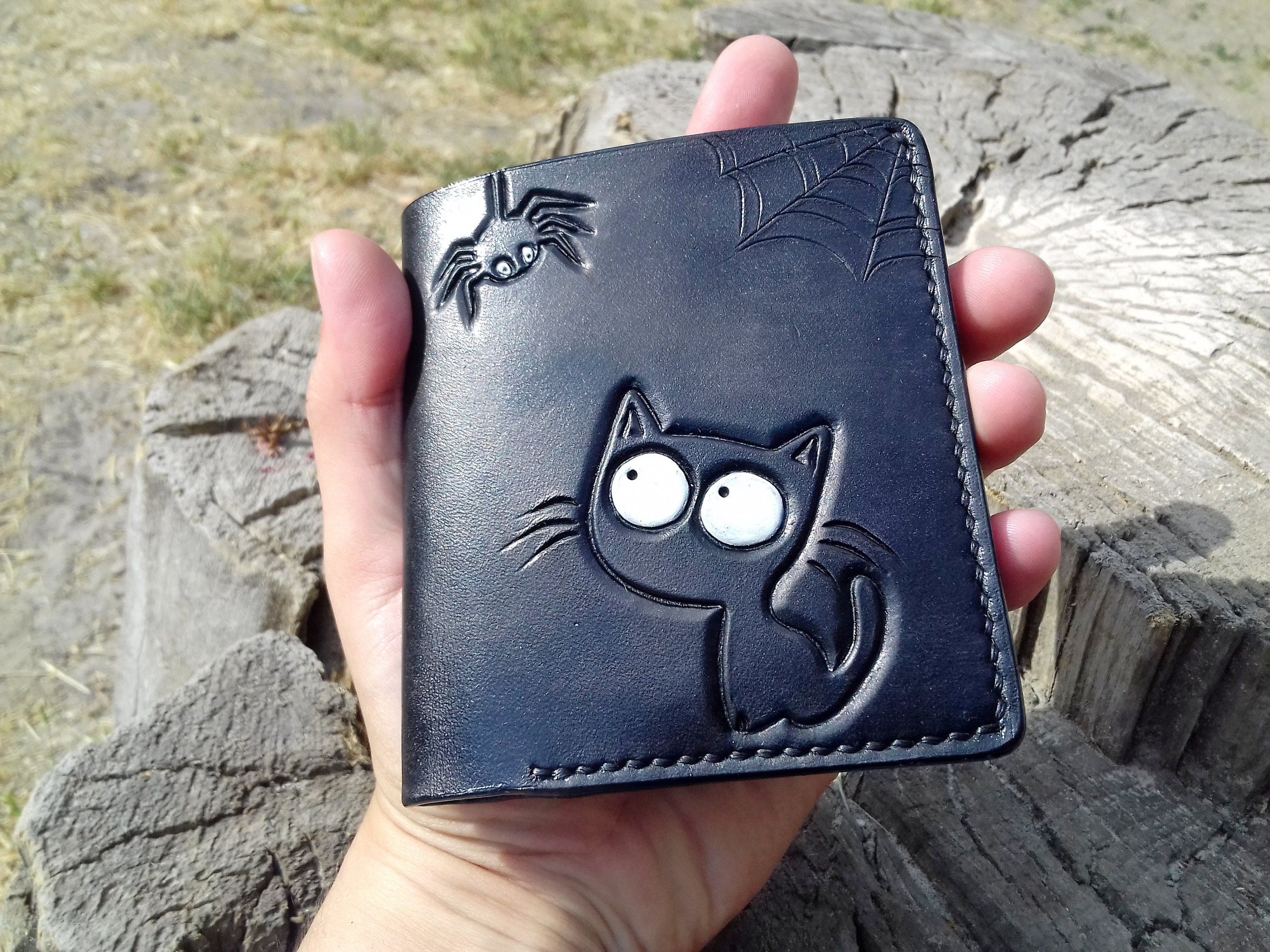 Cat leather wallet Cat and Spider Travel document Slim | Etsy