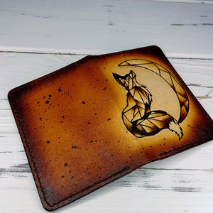 Leather Card Holder With Fox and Moon, Minimalist Bifold Wallet ...