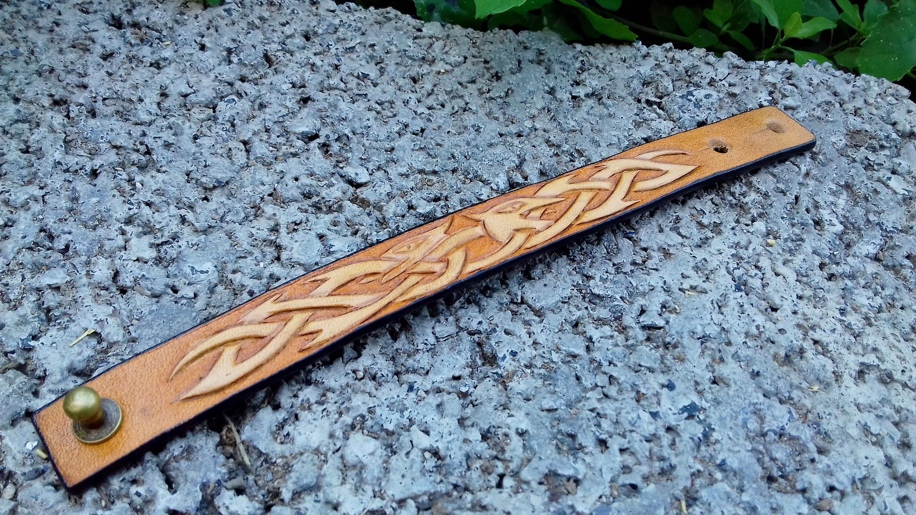 Celtic dragon leather bracelet Leather carving Knot work | Etsy