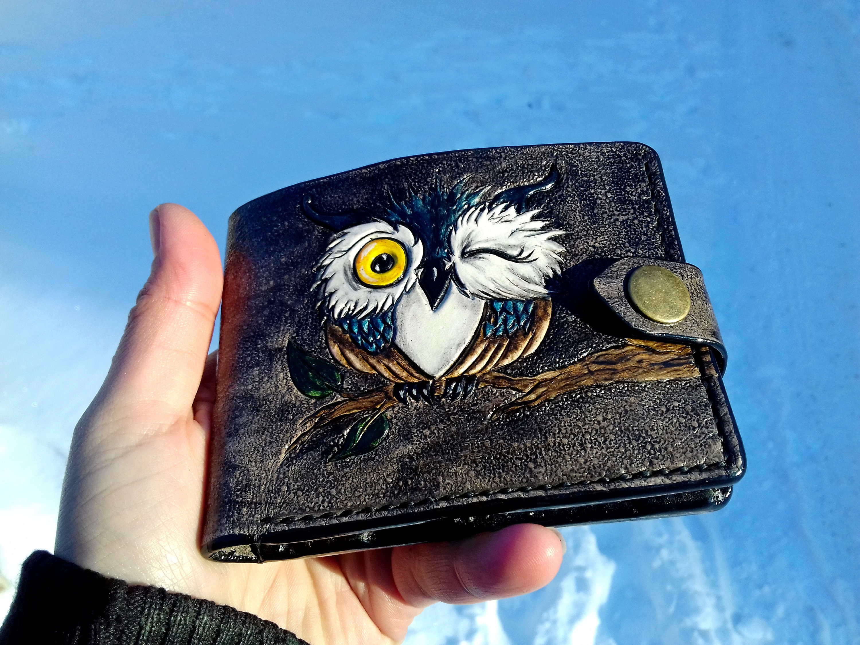 Owl wallet leather Trucker wallet Owl purse Credit card | Etsy