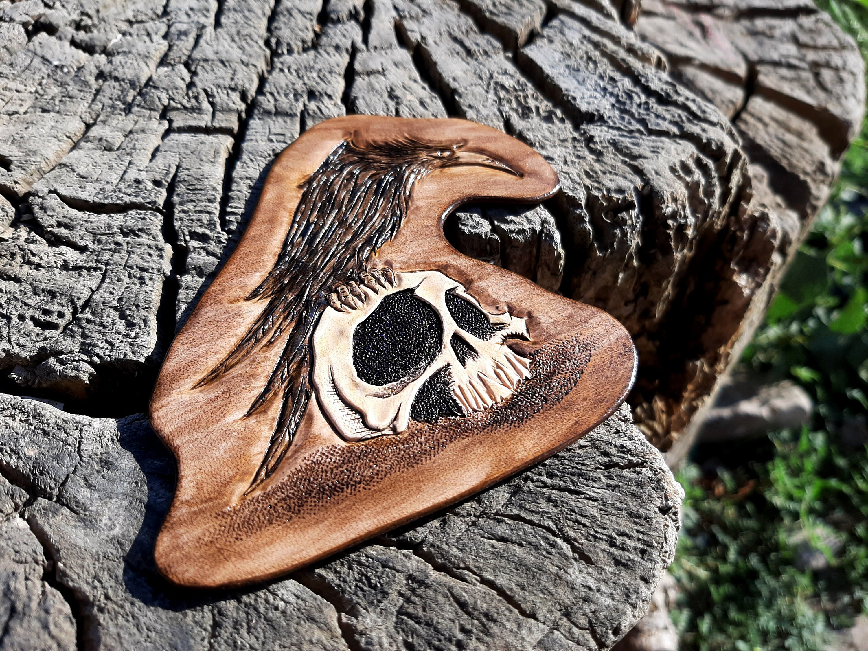 Leather Skull and Raven Patch Crow Carved Leather Biker - Etsy