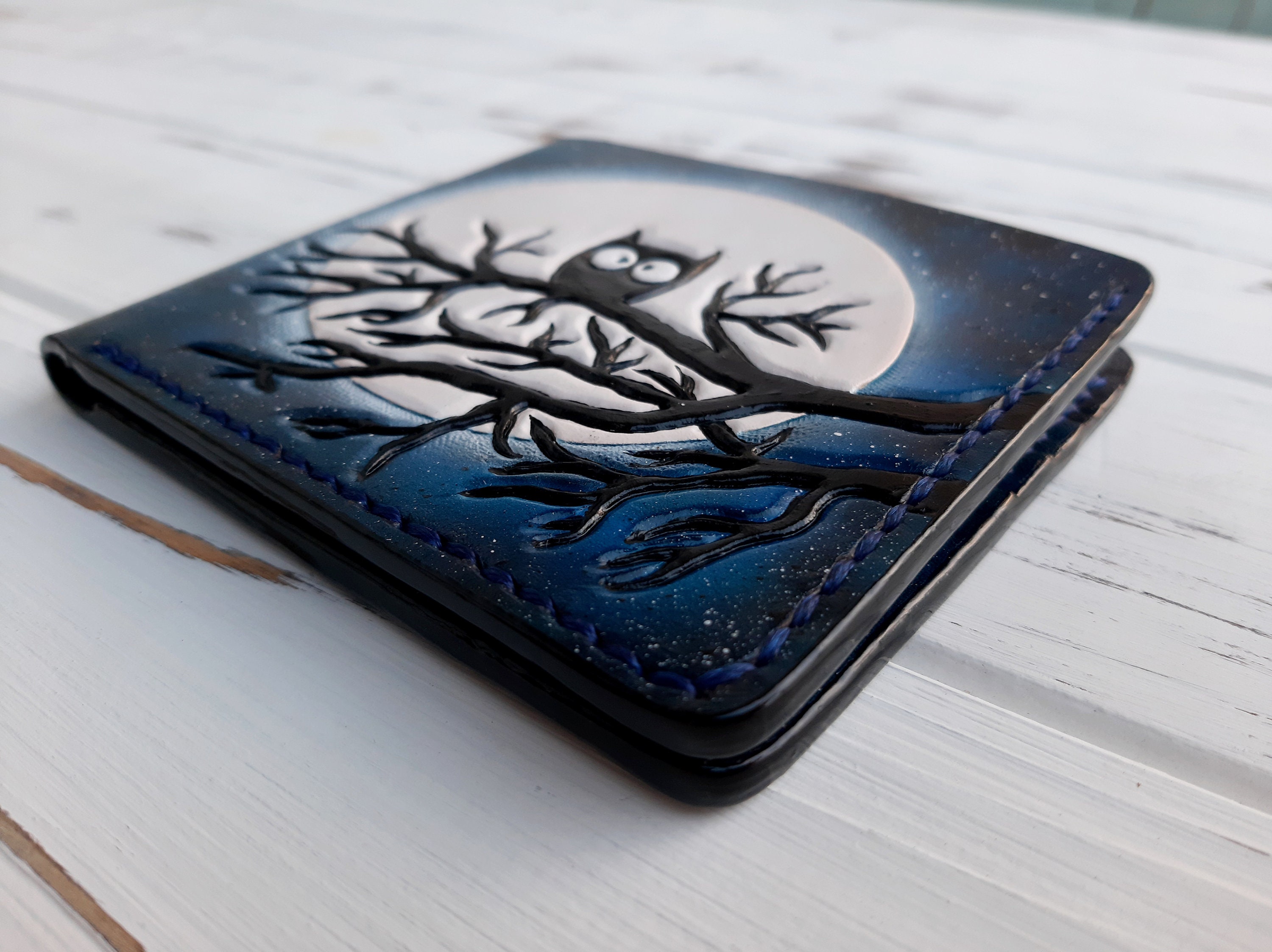 Carved leather wallet Owl Moon Short biker wallets Shadow | Etsy