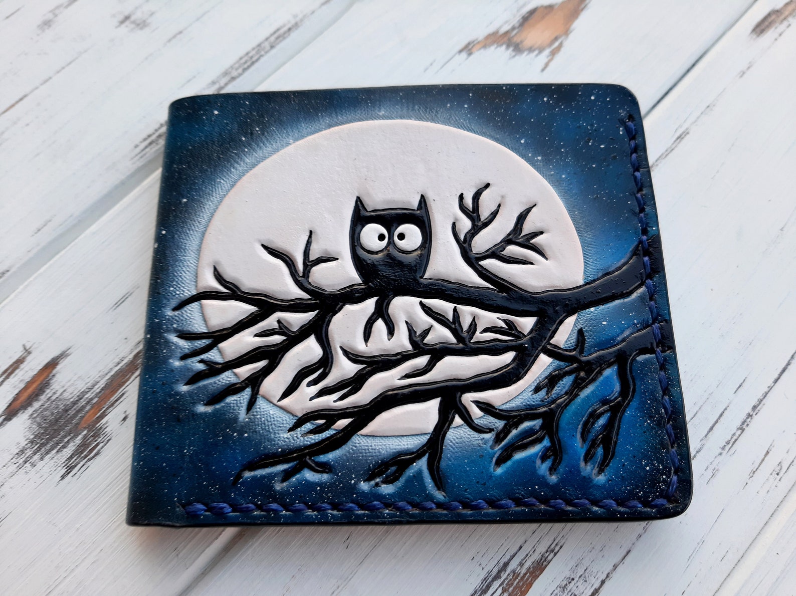 Carved Leather Wallet Owl Moon Short Biker Wallets Shadow - Etsy