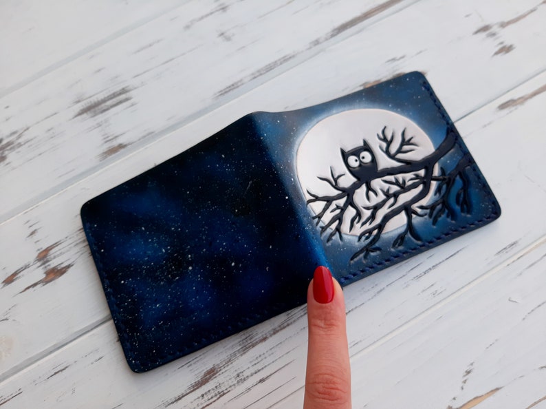 Carved Leather Wallet Owl Moon Short Biker Wallets Shadow - Etsy