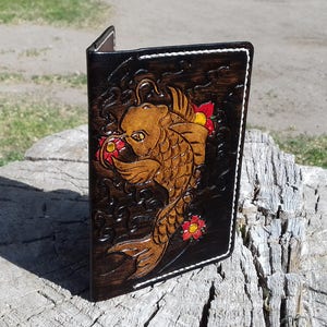 Leather Passport Cover With Fish, Leather Carving Wallet, Koi Carp ...